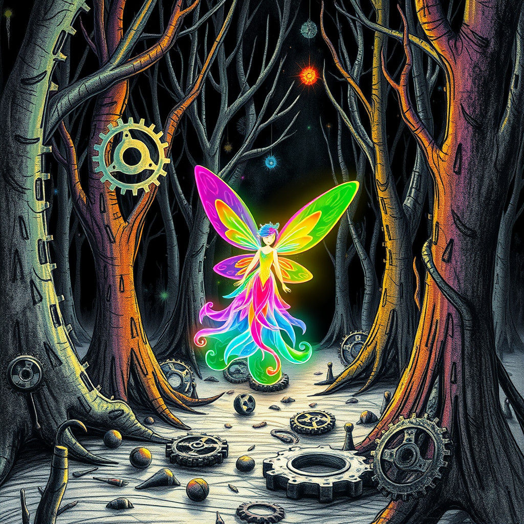 Steampunk Gear trees, Kids Crayon drawings ,surreal child's drawing ...