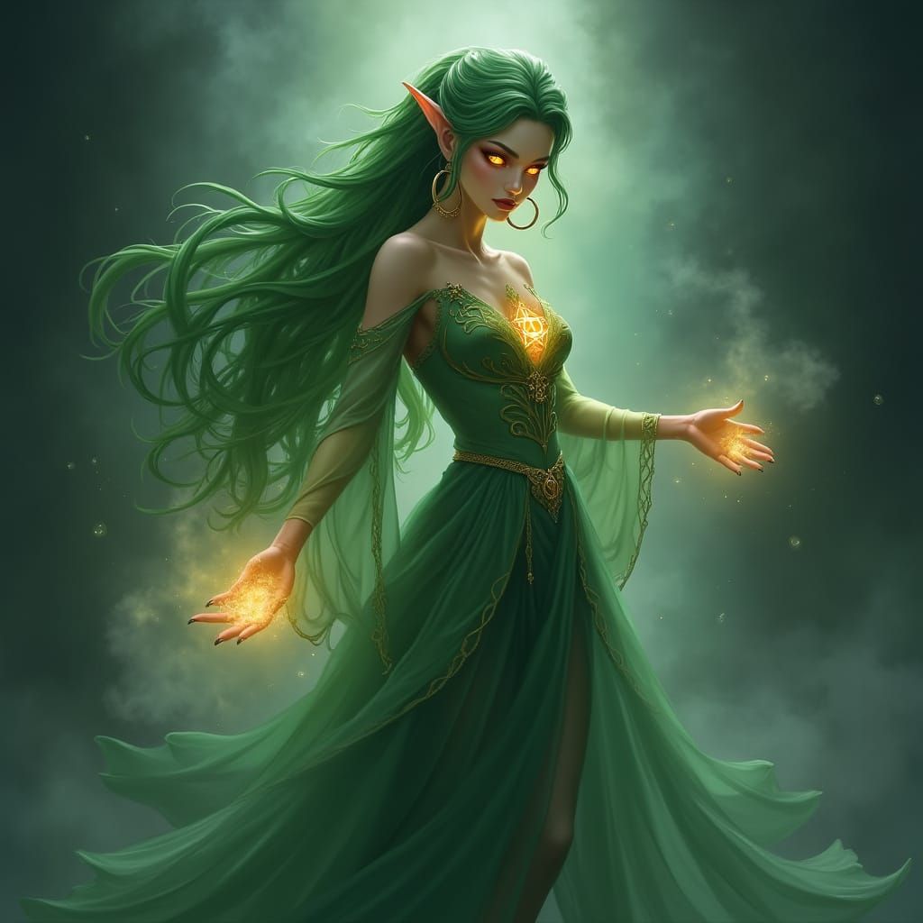 Ethereal Elf Sorceress in Diaphanous Robe, Emerald... - AI Art