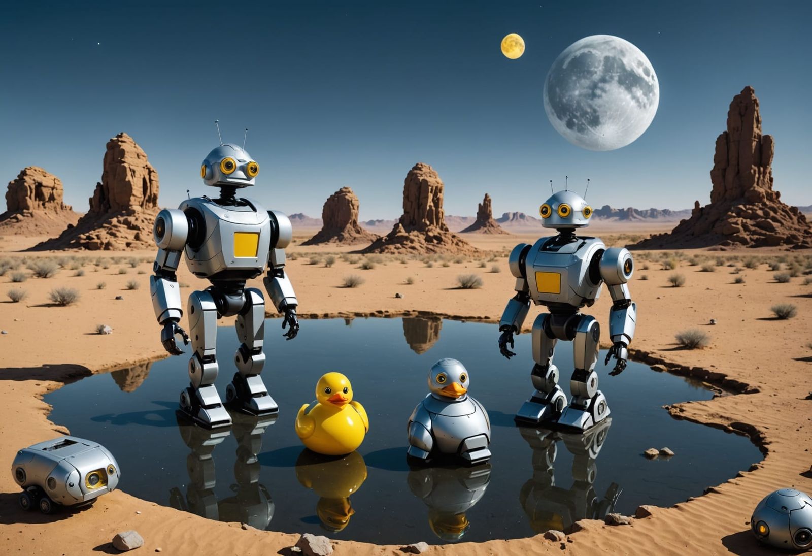 Rubber duck and alien robots in a desert