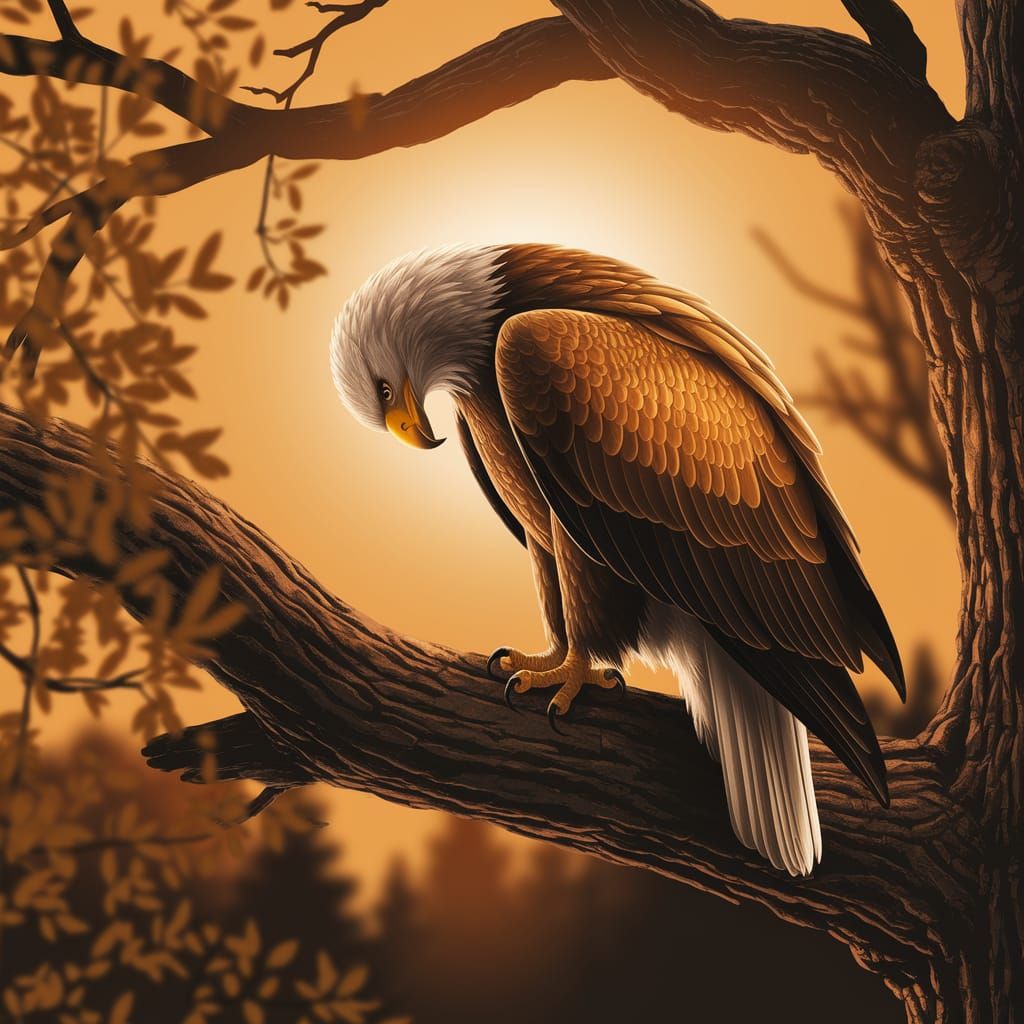 AN EAGLE PRAYING IN A TREE - Elegant Eagle in Golden Sunset ...