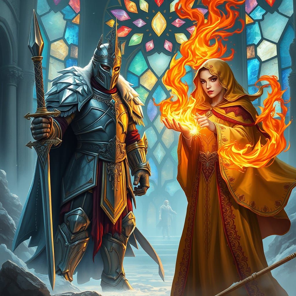 Ethereal Ice Warrior Watches as Mystic Princess Un... - AI Art