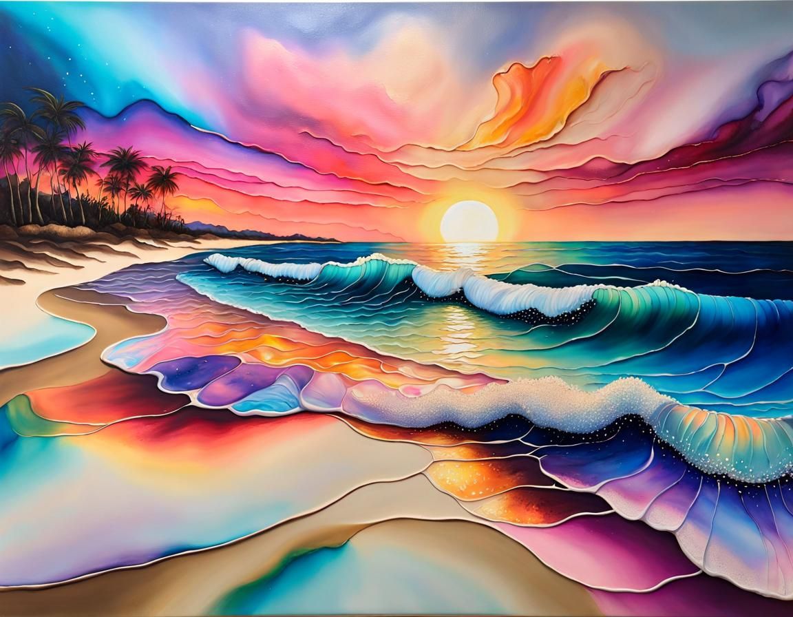 Oil on canvas and alcohol ink flow art capturing a sandy shoreline at ...