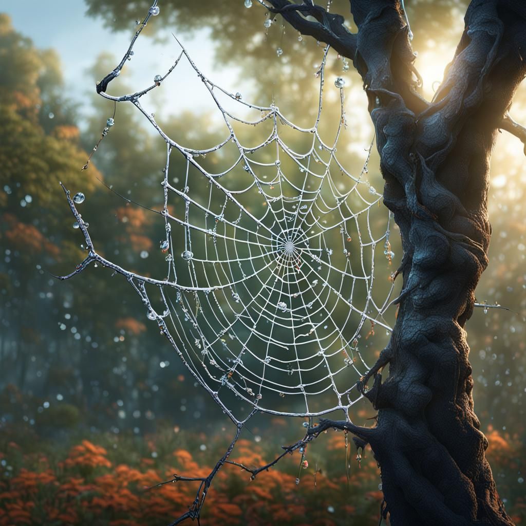 create a spider web in the tree branch with morning dew - AI Generated ...