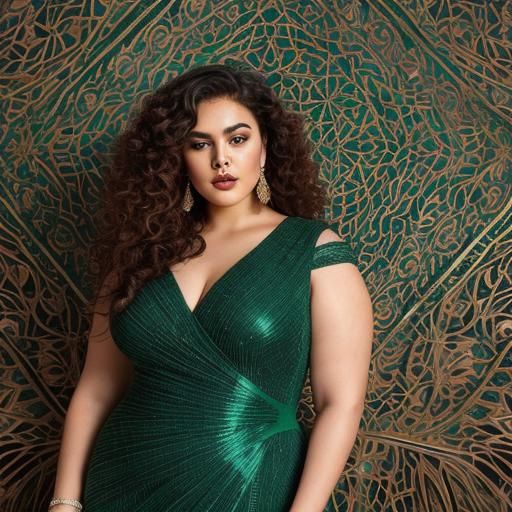 A full-body portrait of a plus-size woman with voluminous curly hair in ...