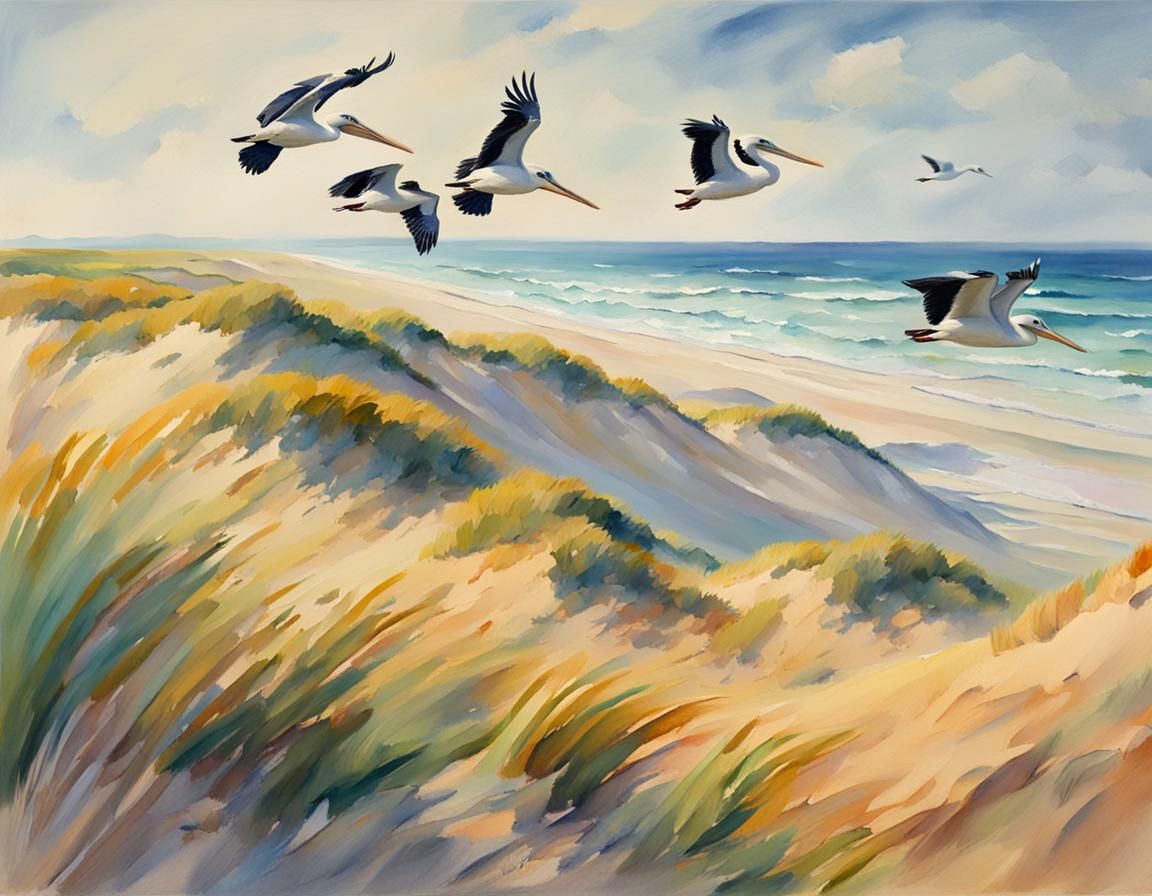 A few pelicans flying in the distance over the dunes; with ocean in ...