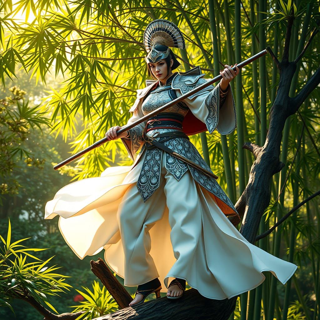 a beautiful female Peacock kendo-warrior in full armour trainingsfight ...