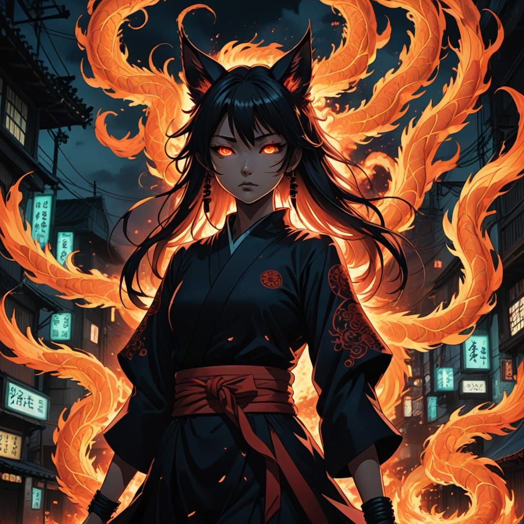 Dark Fantasy Kitsune Goddess in a Black-Lit Realm - AI Art