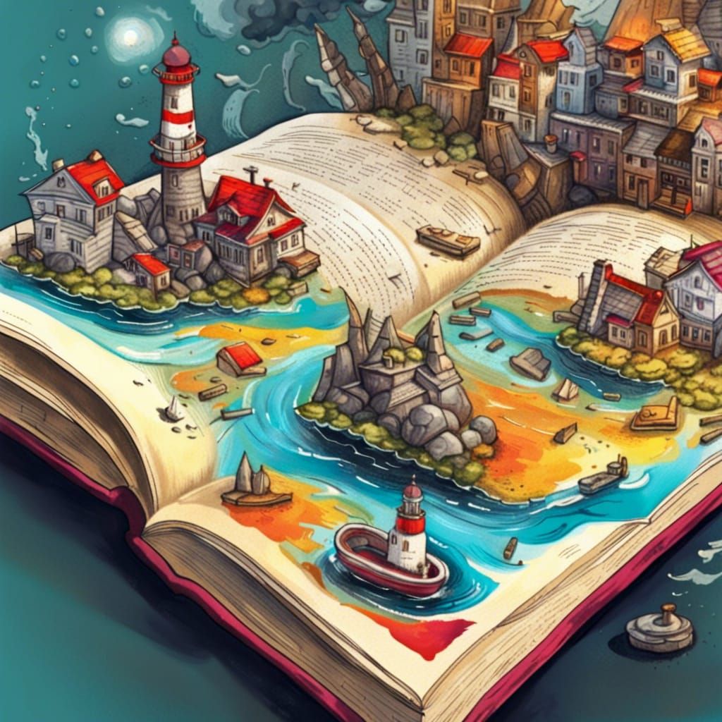 An old open book with a map and 3d lighthouses on its pages - AI ...