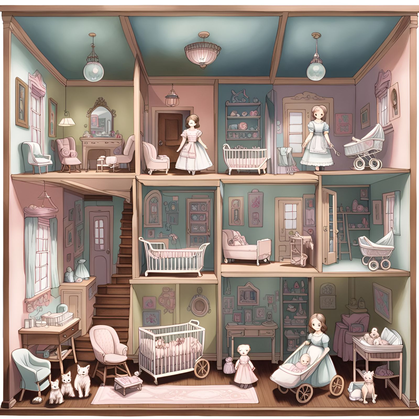 X-ray view pastel ink illustration of dollhouse interior. showing rooms ...