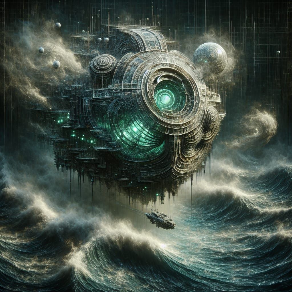 Enchanting Biomechanical Ship Amidst Turbulent Wav... - AI Art