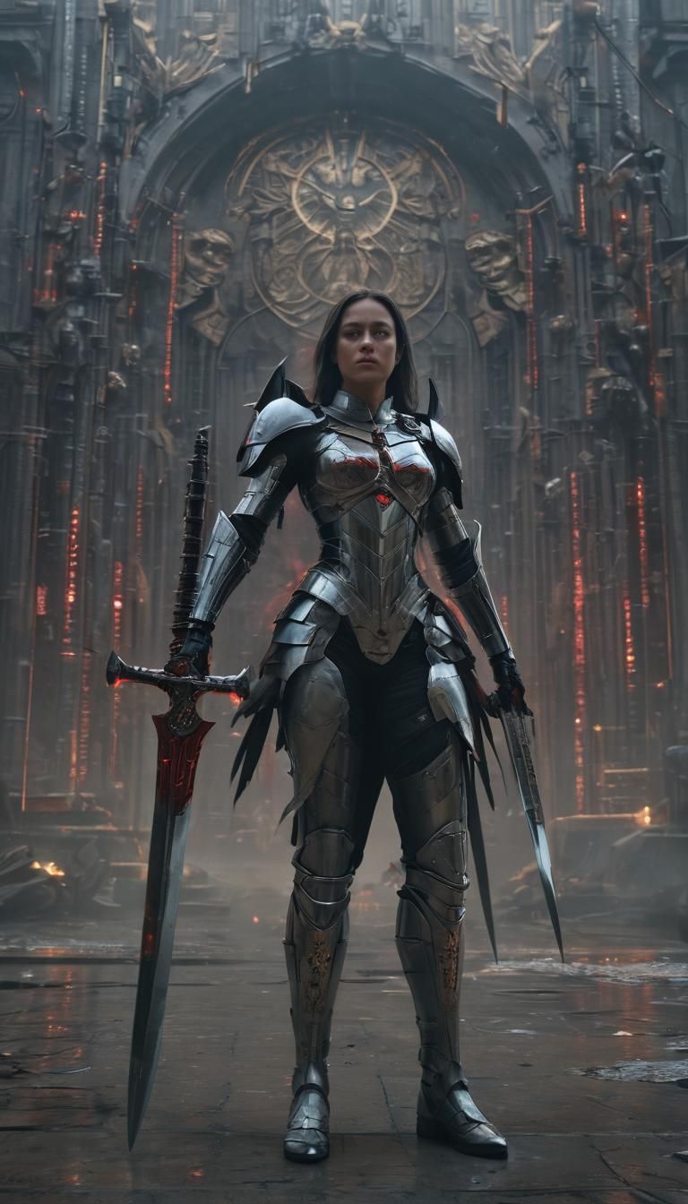 Spectral Warrior Battles Dark Valkyrie in Cyberpun... - AI Art