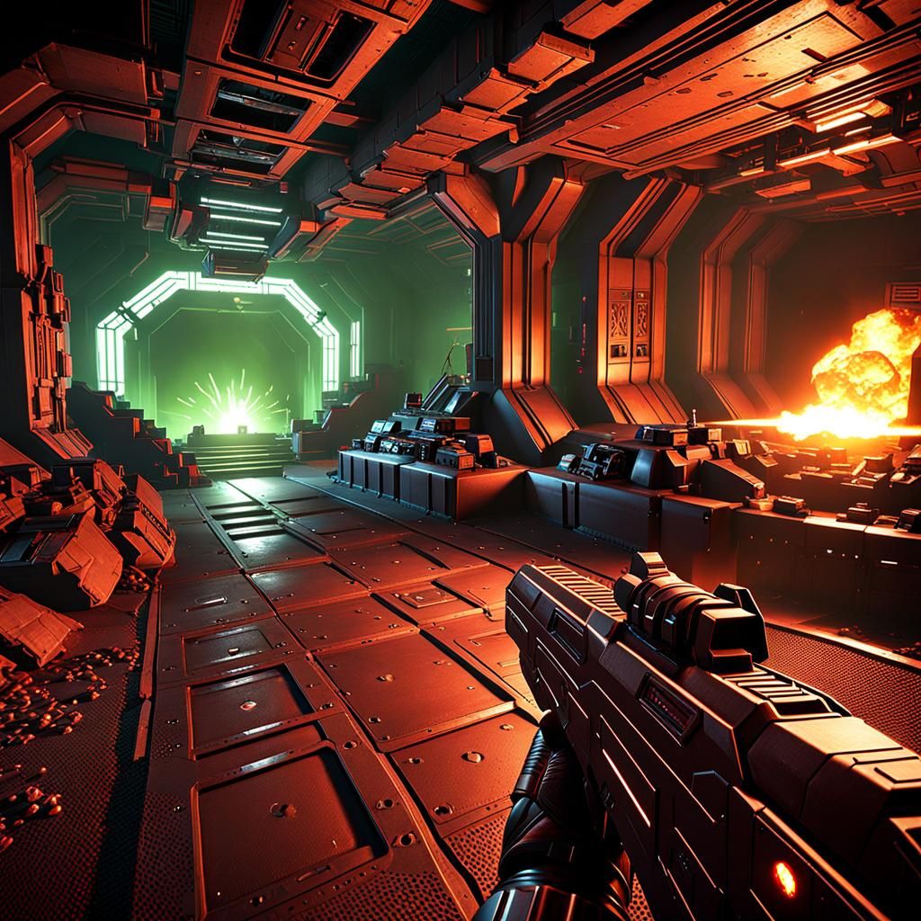A scene from the FPS computer game Doom. Unreal Engine volumetric ...