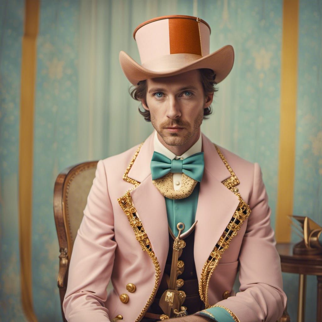 wes anderson retro 1950's circus ringmaster in pastel outfit with gold ...