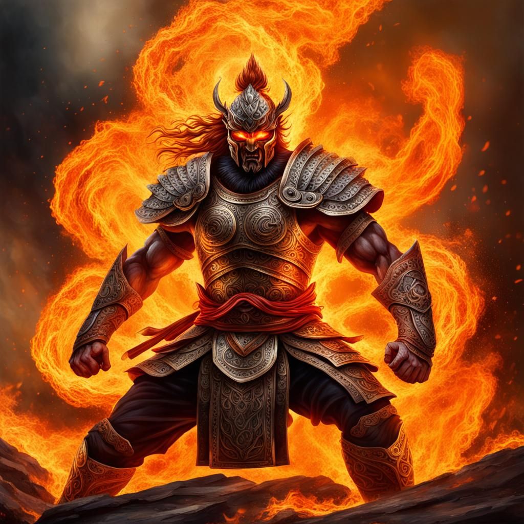 An intense, high-energy image of a warrior engulfed in flames ...