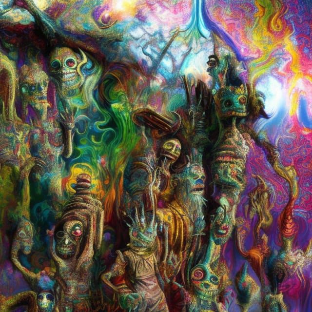 "Tall entities in dmt trip" Psychedelic hyperintense colours, dripping ...