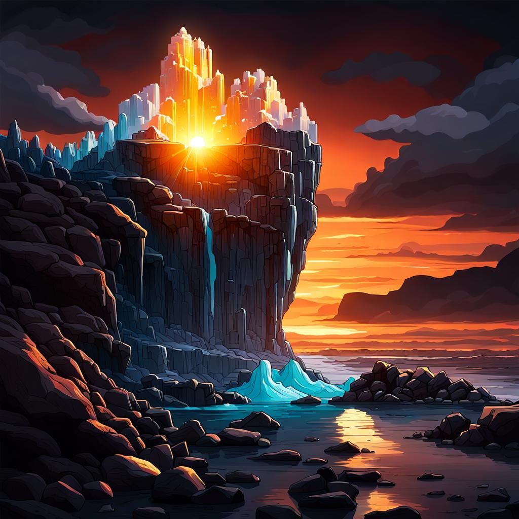 A glowing liquefied crystal cliff side, overlooking a ethereal sunset ...