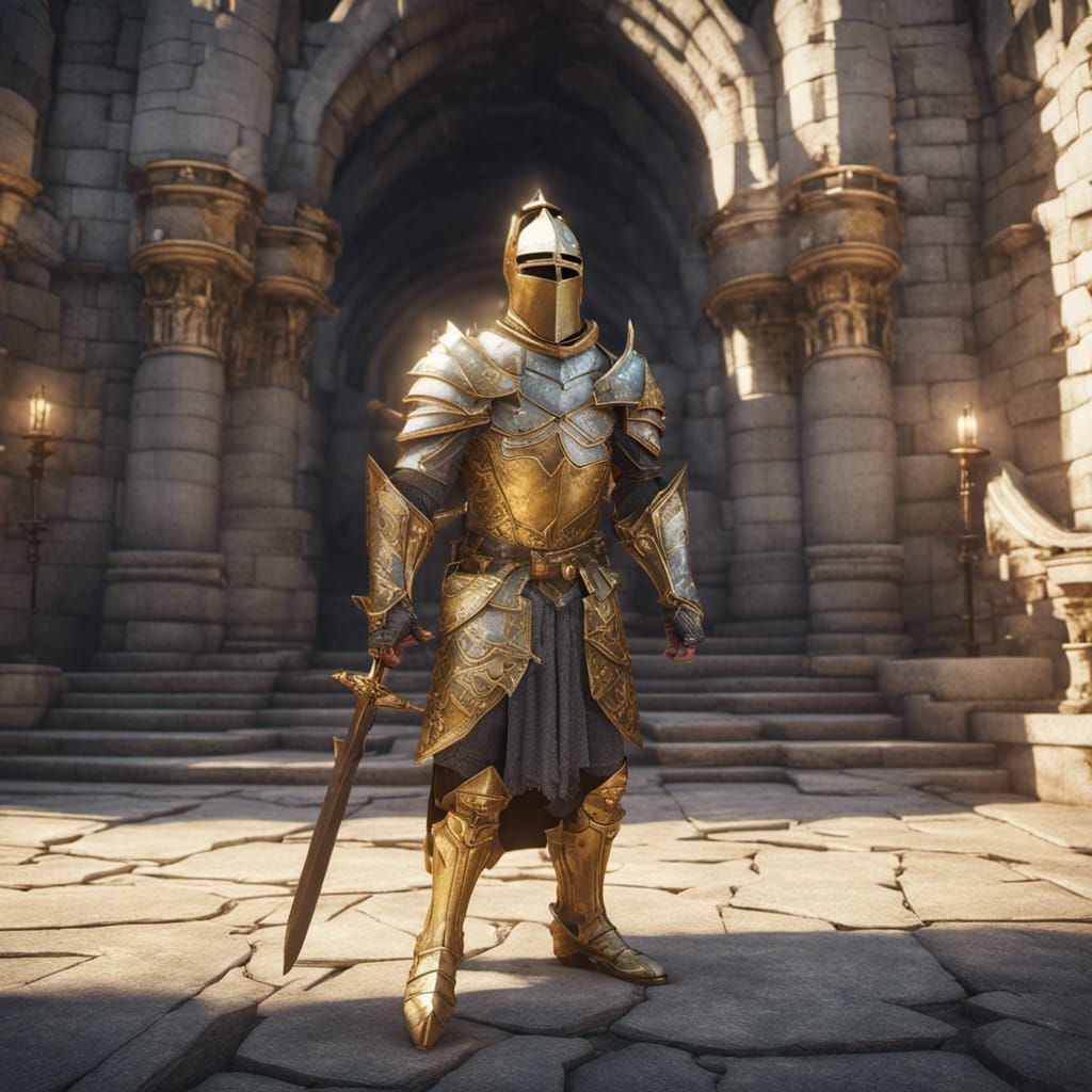 a magnificent knight in a golden armor with a cape and sword in front ...