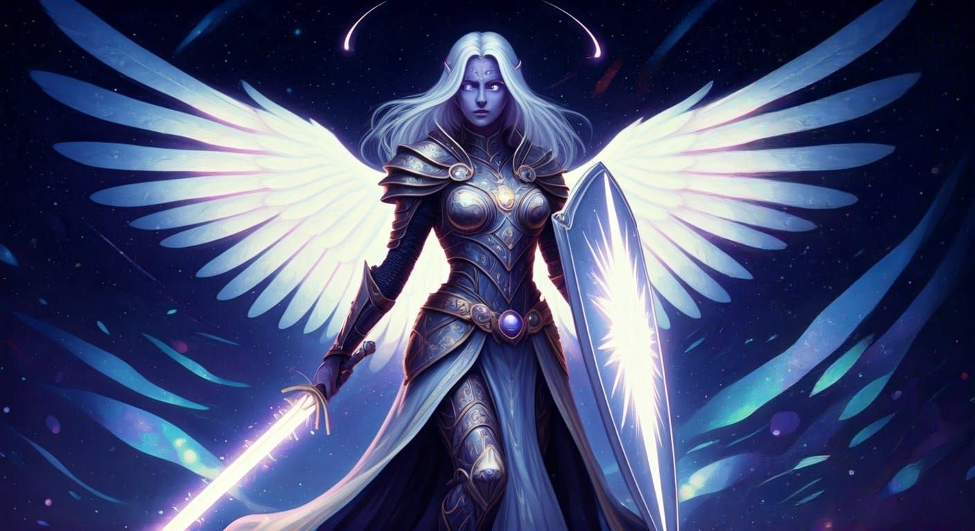 A majestic Aasimar warrior with flowing silver hair and radiant amethyst eyes stands heroically ...