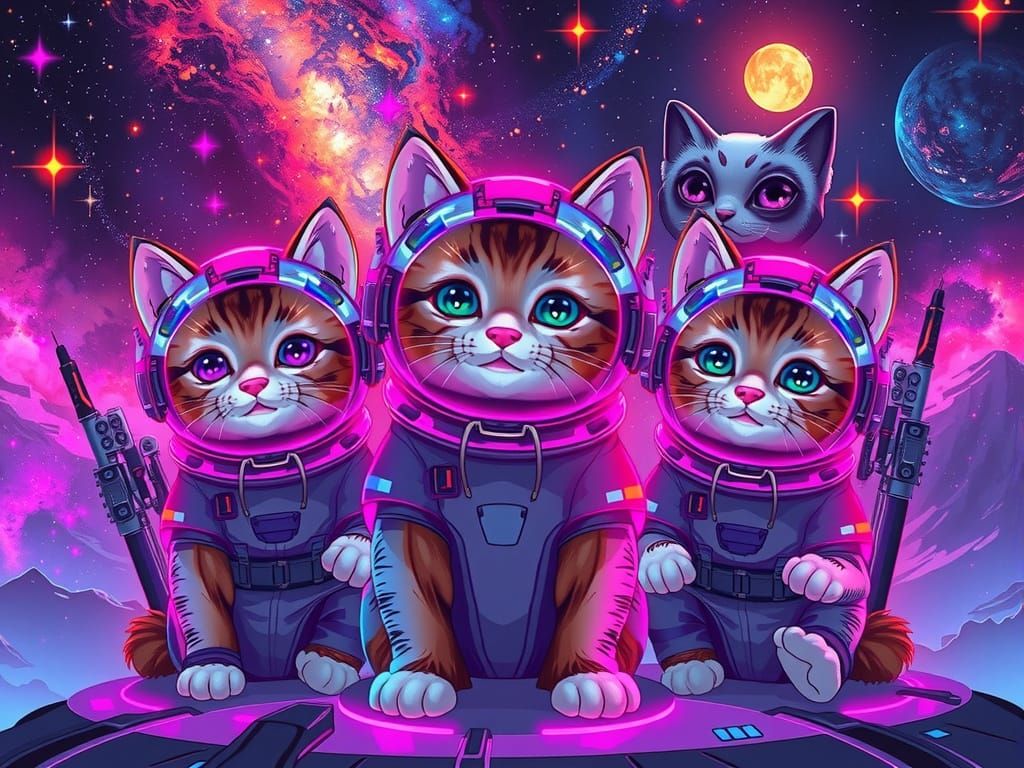Cosmic Kittens in Vibrant Anime Nebula - AI Art