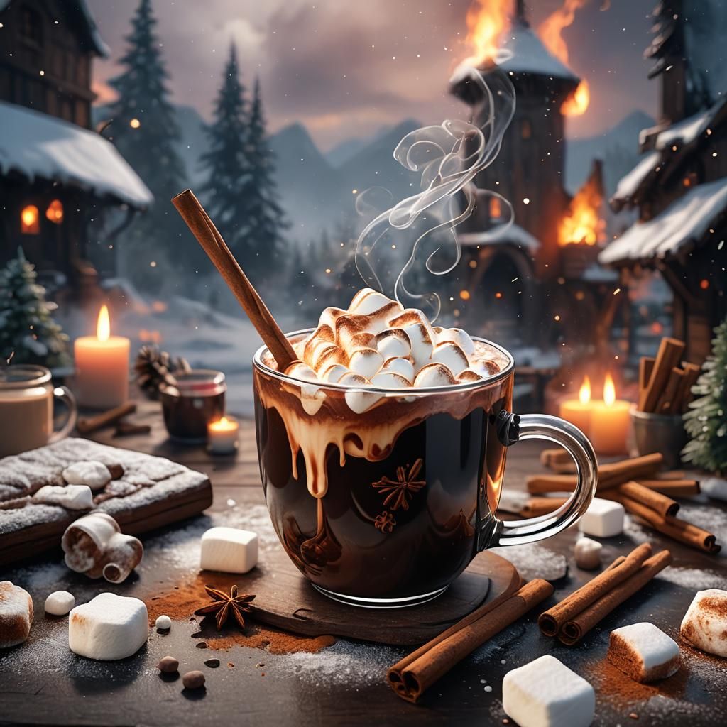 Steaming glass mug, hot chocolate, marshmallow, cinnamon stick - AI ...