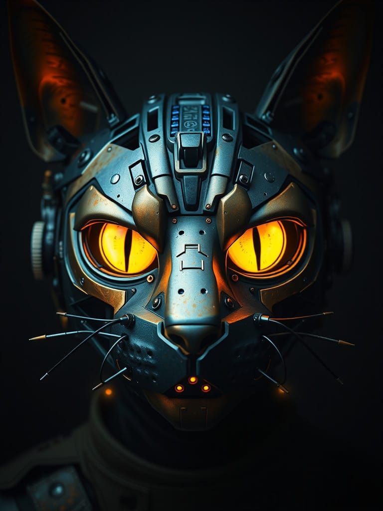 Cybernetic Cat Mask, Weathered Metal, Glowing Yell... - AI Art