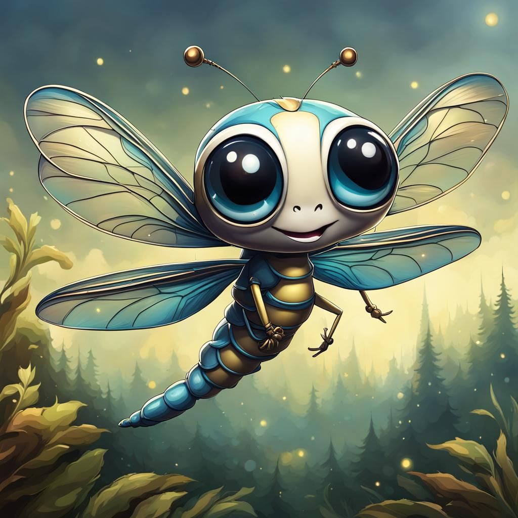 A Cute Chibi drunken Dragonfly with big eyes and a huge smile is ...