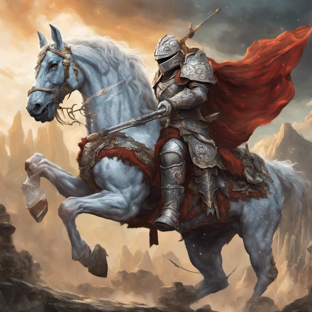 white Celestial Warhorse in plate barding with a dragonborn paladin ...