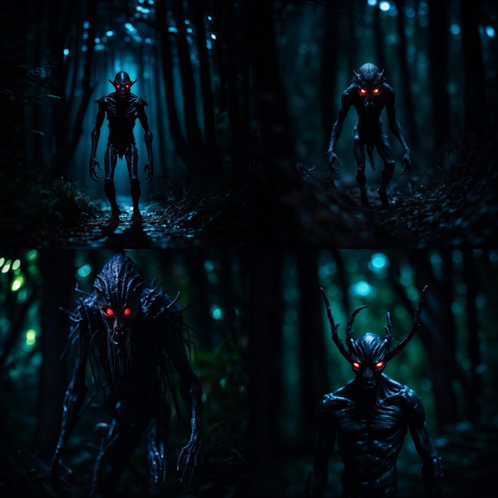 Skinwalker alien demon in the deep dark woods, dark forest at night ...