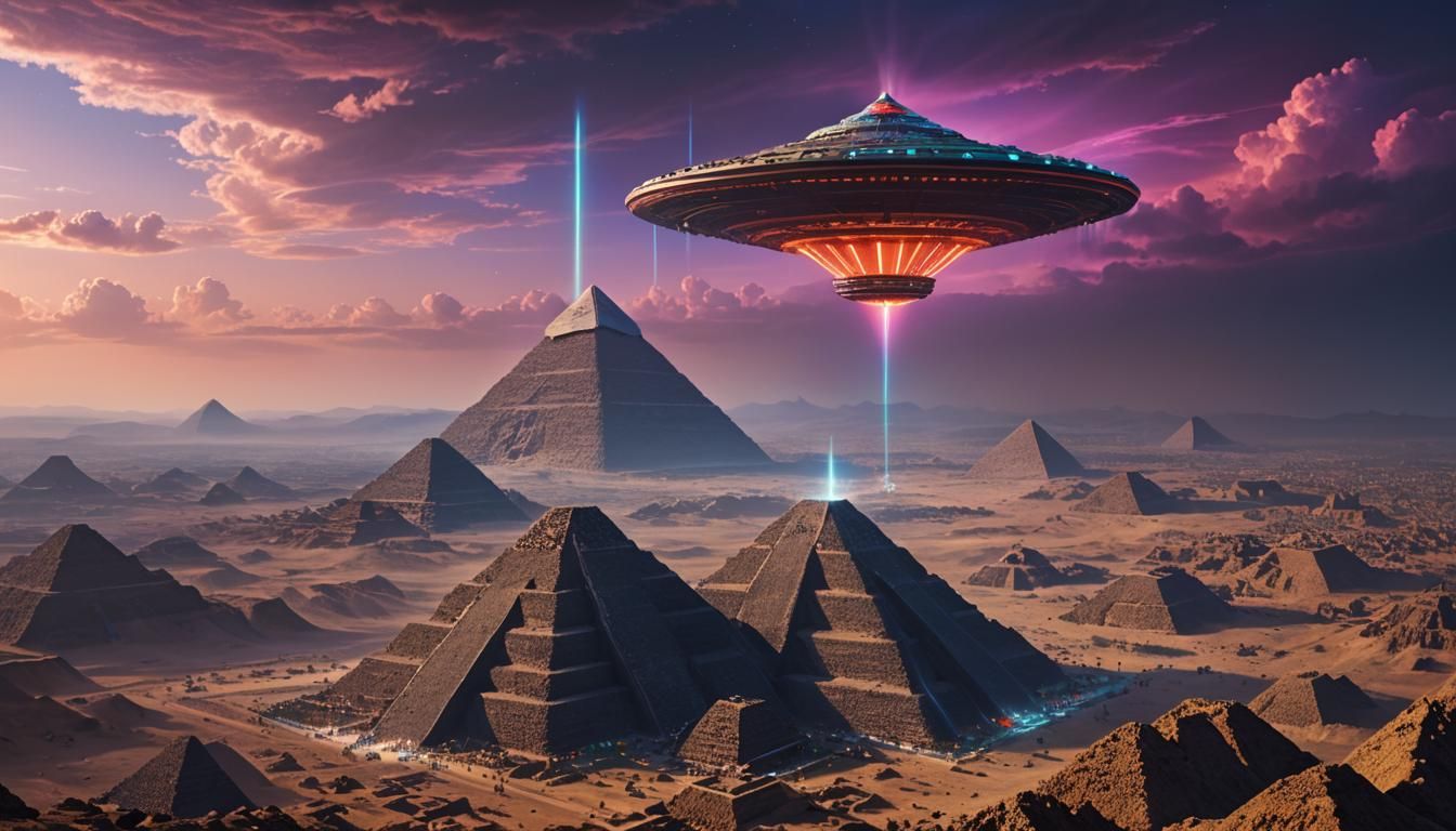 a framed scene a flying source UFO refuel on the top of the Gizeh ...