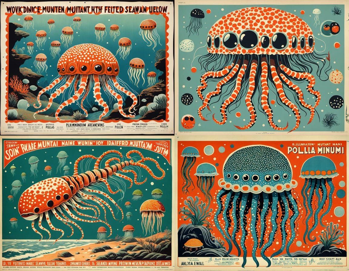 Surreal 1930s Movie Poster: Mutant Jellyfish Prawn - AI Art