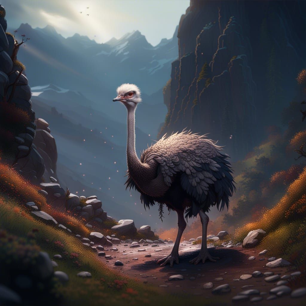 a very fat ostrich in the mountains, a masterpiece, 8k resolution, dark ...