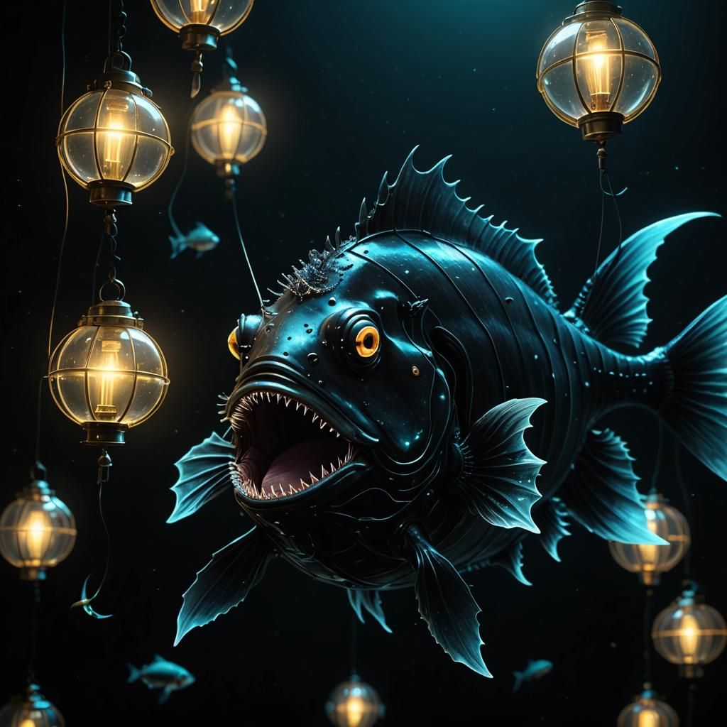 Deep Fish Black anglerfish has a lantern as a neon bioluminescent ...