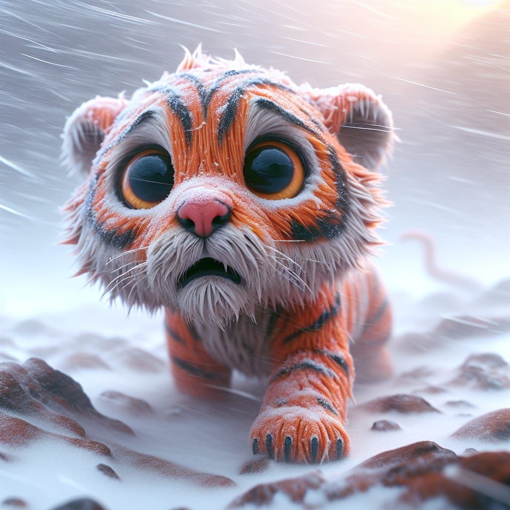 Taenachtak - Hyper-Realistic Tiger Cub in Blizzard Landscape...