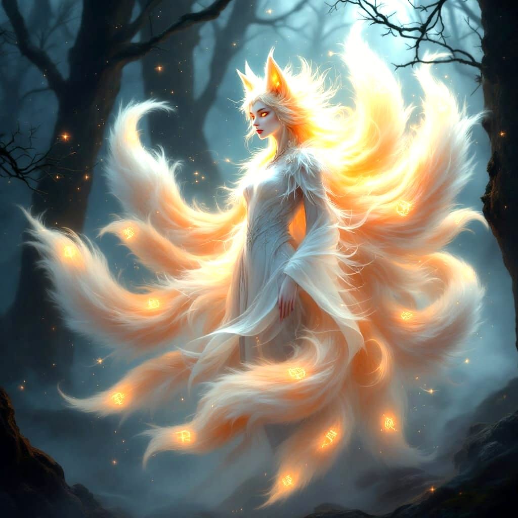 A Celestial Nine-Tailed Fox in Elegant Harmony - AI Art
