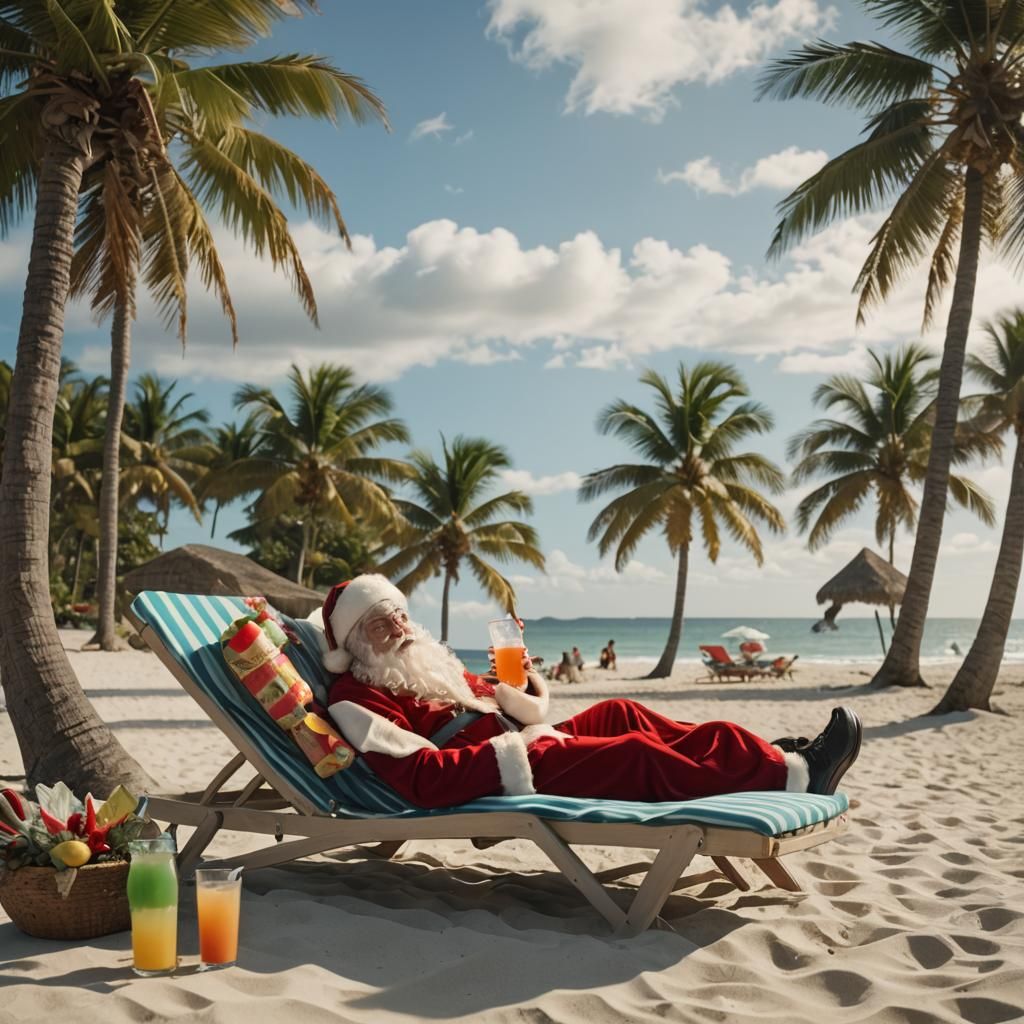 Beach scene with Santa laying on a chaise lounge sipping on a tropical ...