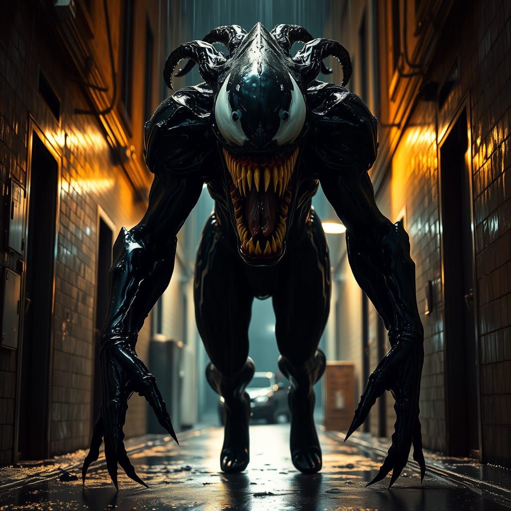Menacing Female Venom Symbiote in Dark Alleyway - AI Art