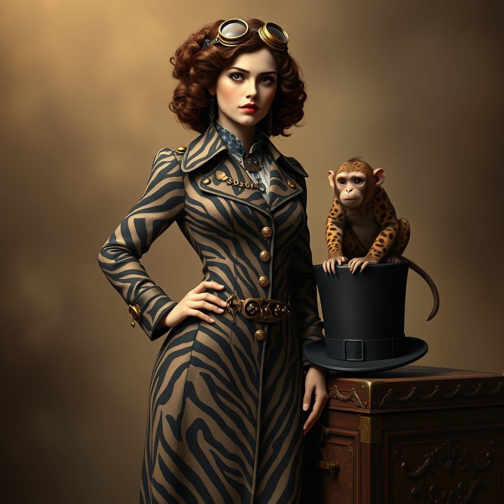 Steampunk Lady in Zebra Print Confidently Poses wi... - AI Art