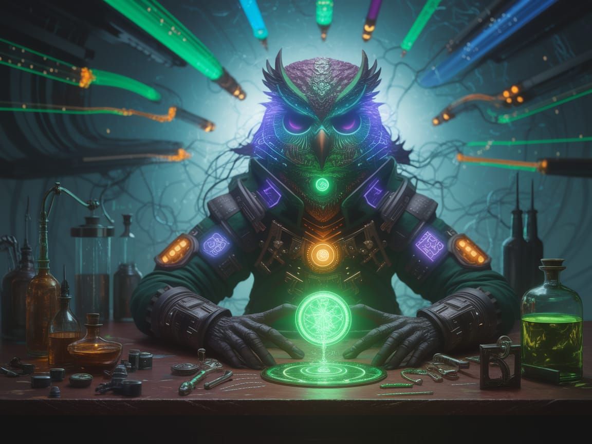 Cyberpunk concept art. Close-up An arcane technomystic Hoot alchemist ...
