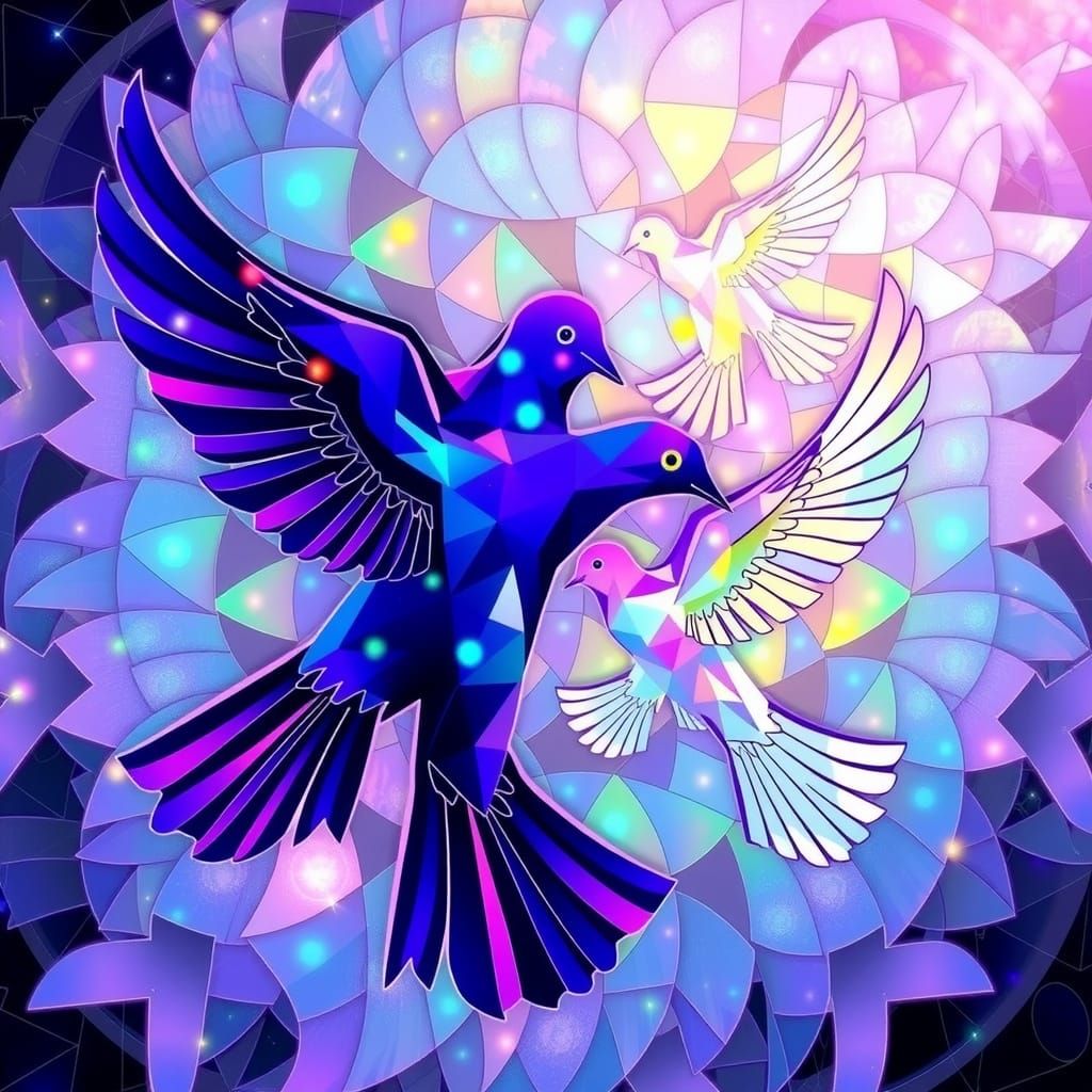 Celestial Doves Dance in Vibrant Tessellations - AI Art
