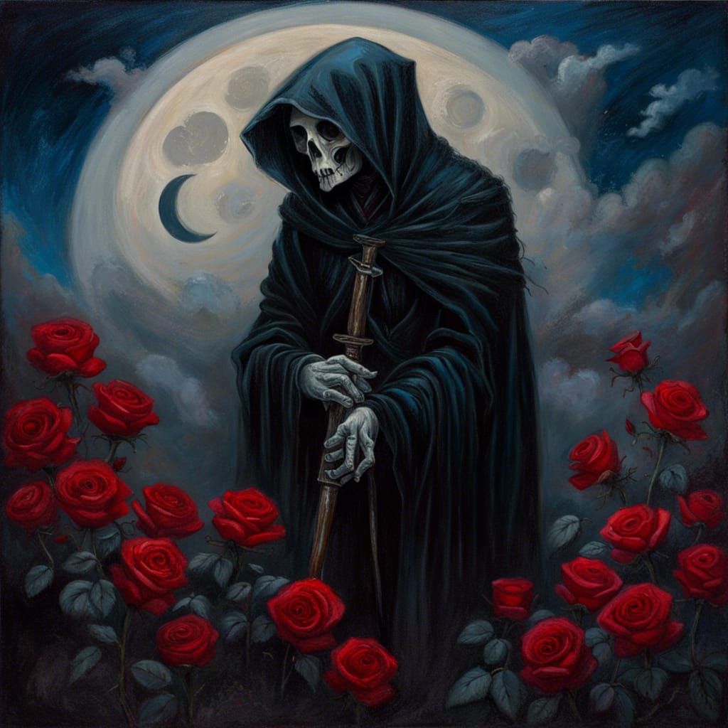 grim reaper, sad, roses, gothic, red and blue and black, horror, soft ...