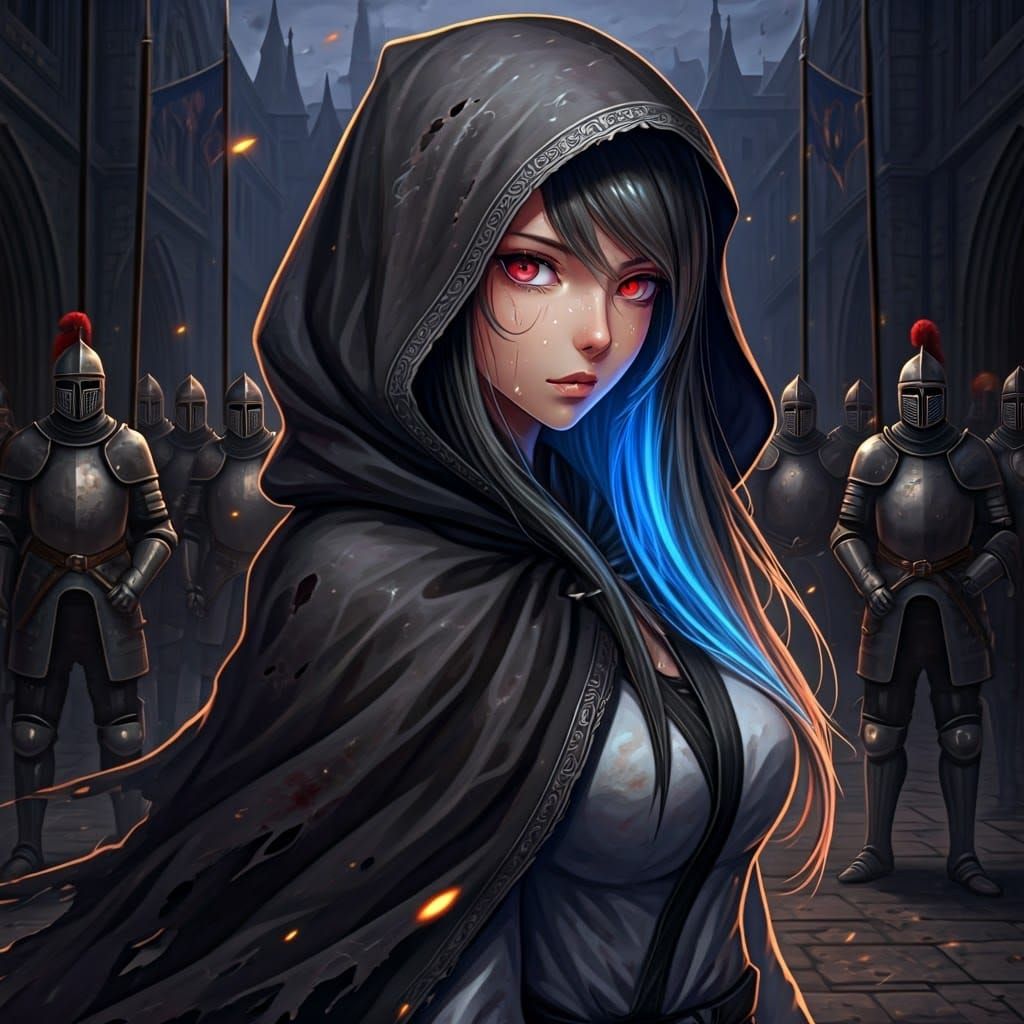 Red eyed woman with neon hair under the hood