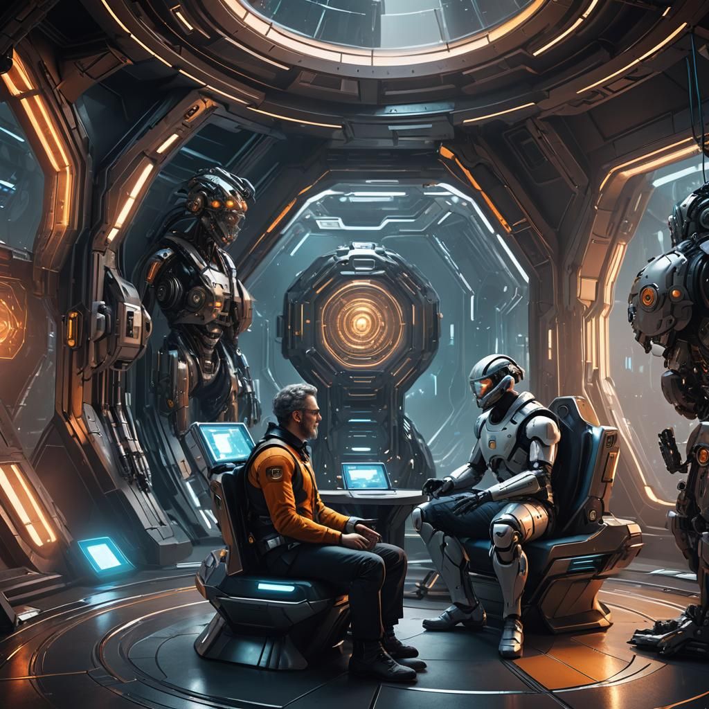 Scientist sitting in a futuristic chamber talking to a cyborg - AI ...