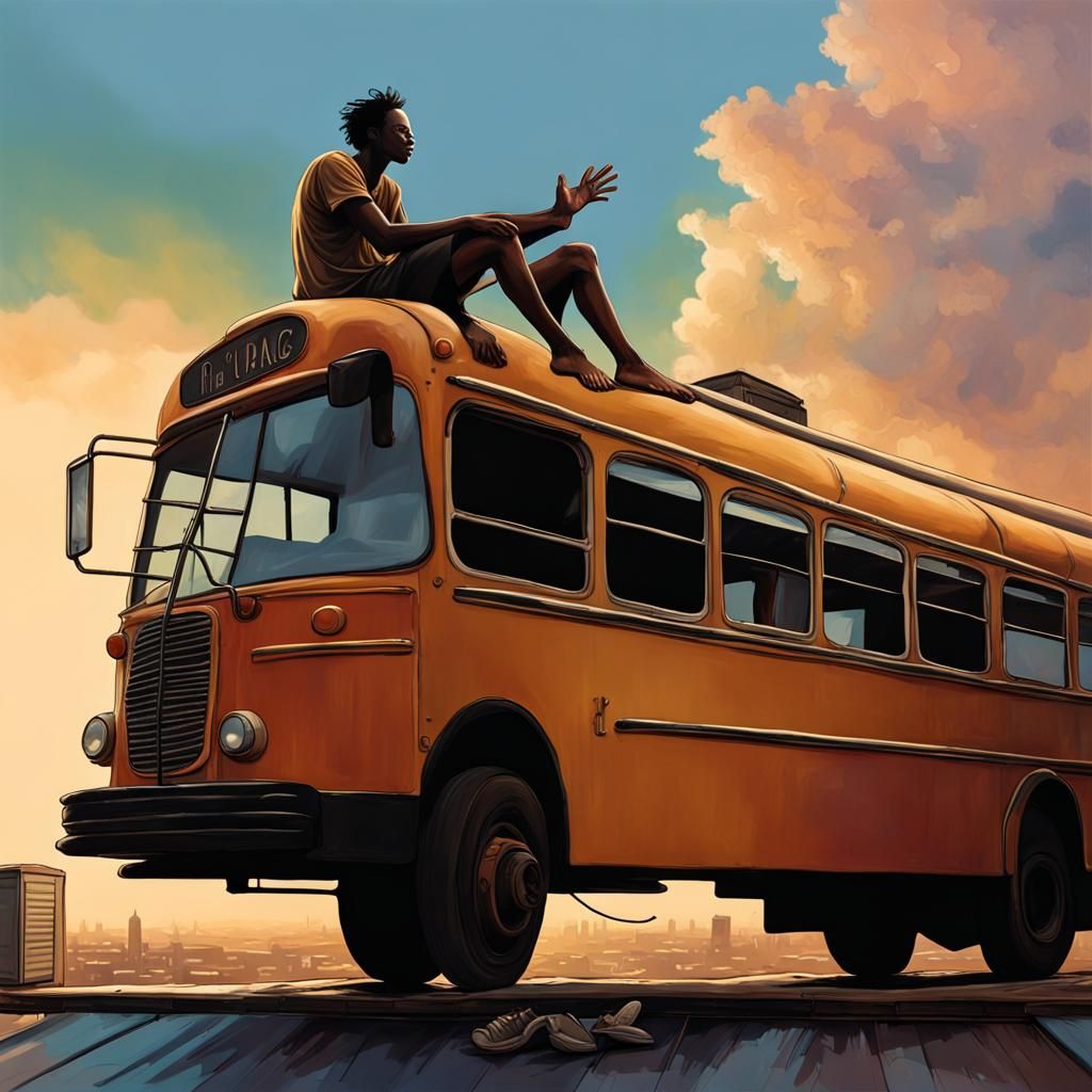 In the image, a barefoot man in rags sits on the roof of a bus, his ...