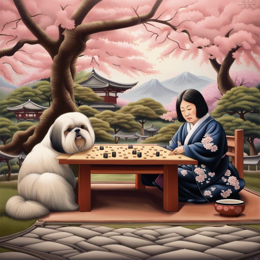 Beautiful japanese woman sitting in af garden playing shogi, a shih tzu ...