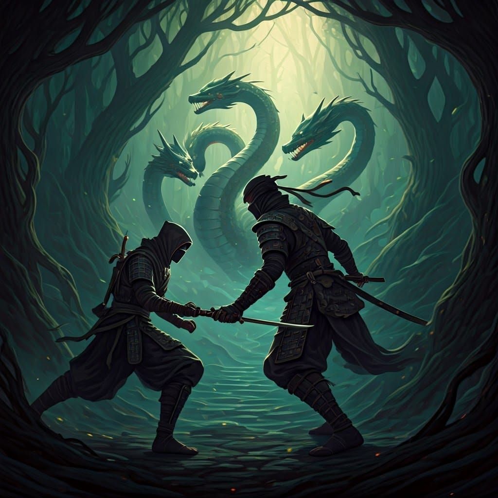 Ninja Battles Colossal Serpent in Mystical Realm - AI Art