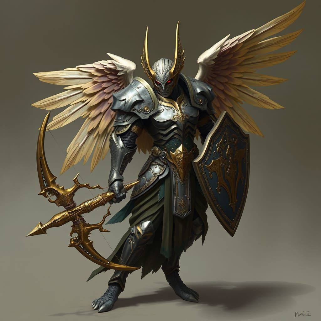 Mutated Angel with Golden Wings and Red Eyes - AI Art