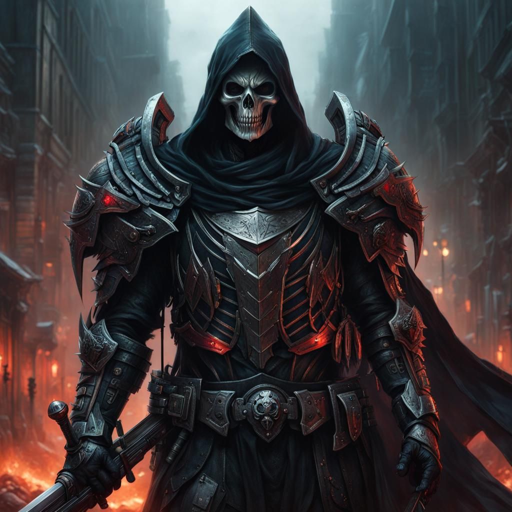 Insanely detailed photography of a fierce grim reaper wearing armor ...