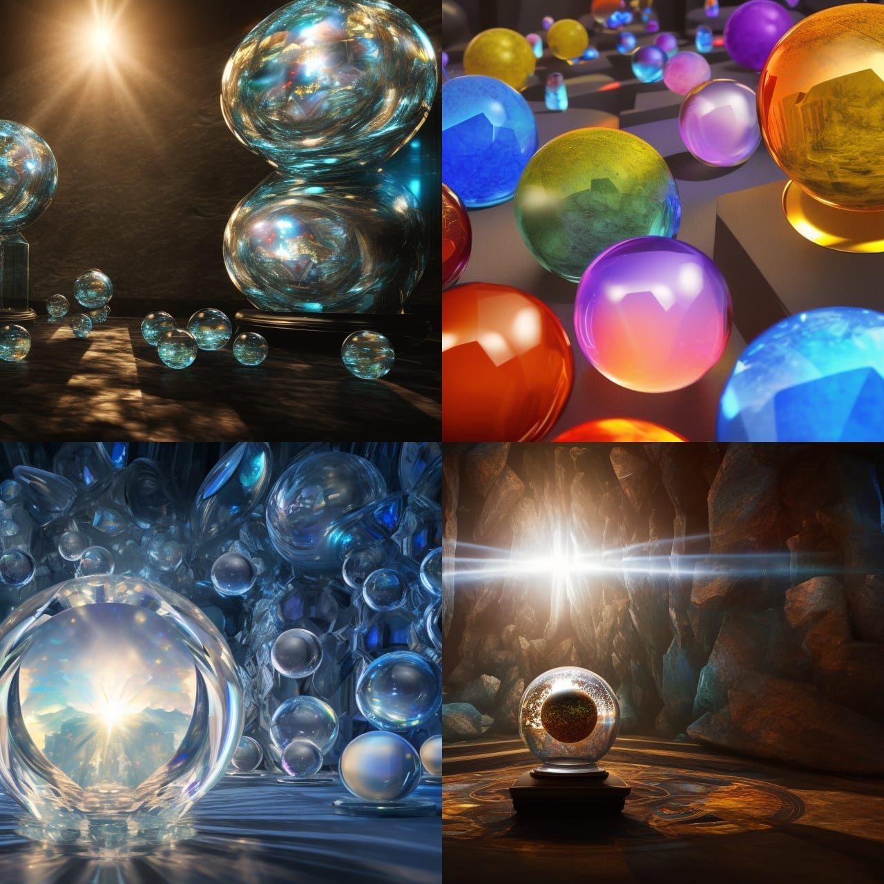 A series of crystal monoliths and crystal balls in a display room ...