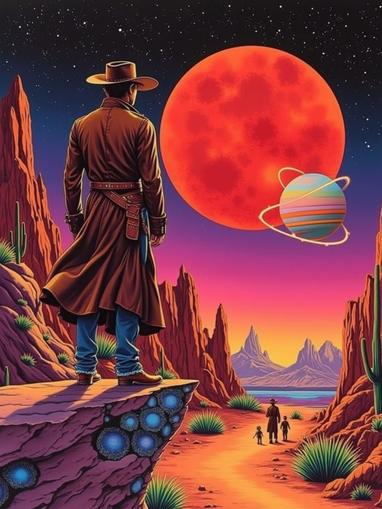 Cosmic Cowboy in a Surreal Desert Dreamscape, Blen... - AI Art