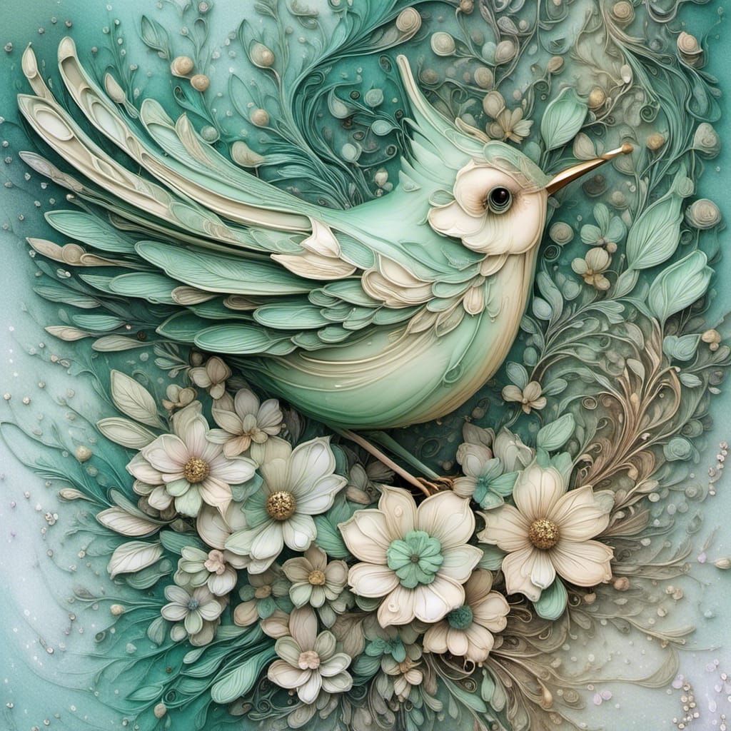 "Mint Green and Cream Bird, minimalistic, whimsical, ethereal, Surreal ...